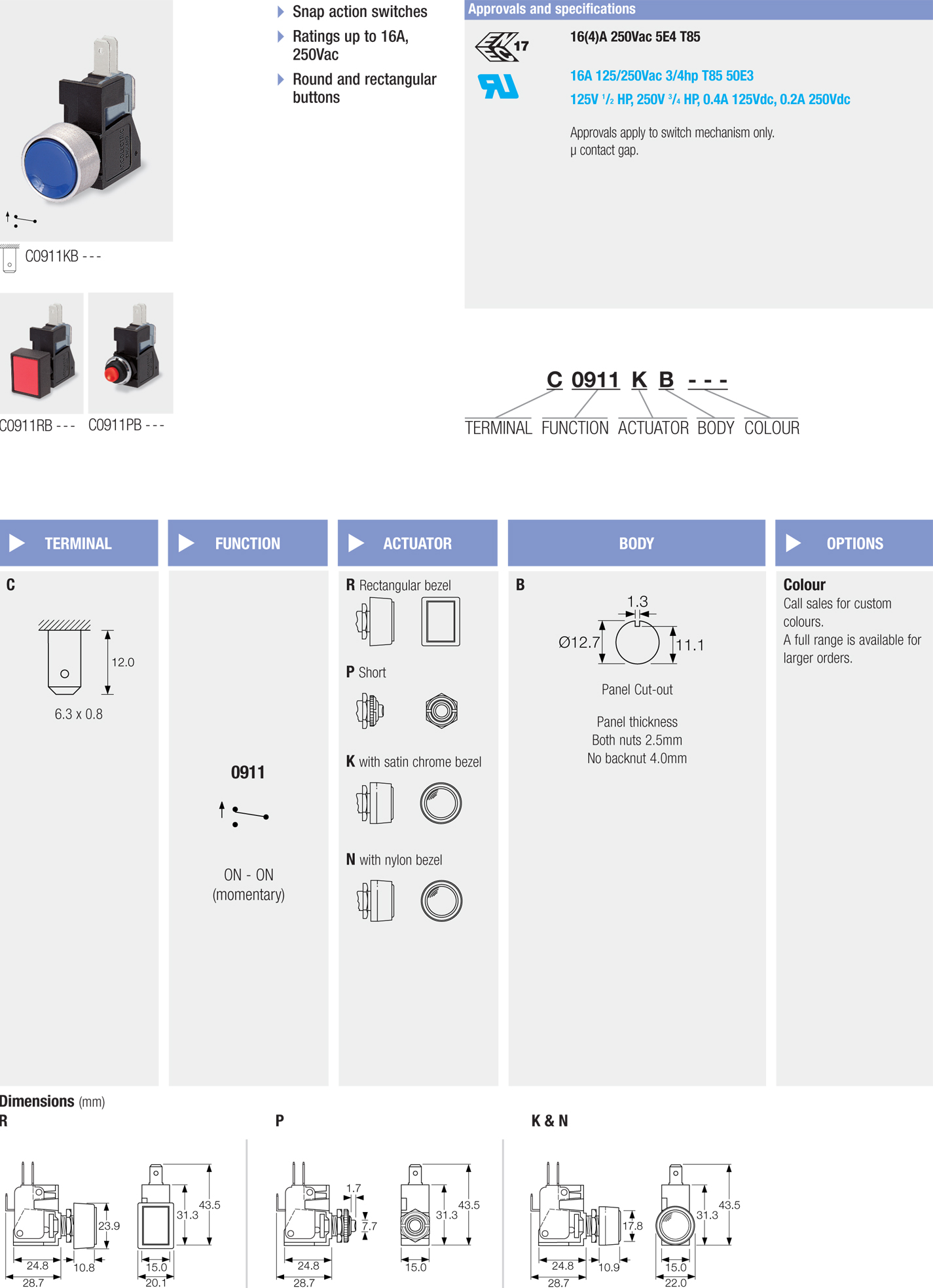 Push Button Snap Action Switches - 0911 Series - Sonectrad-BRN